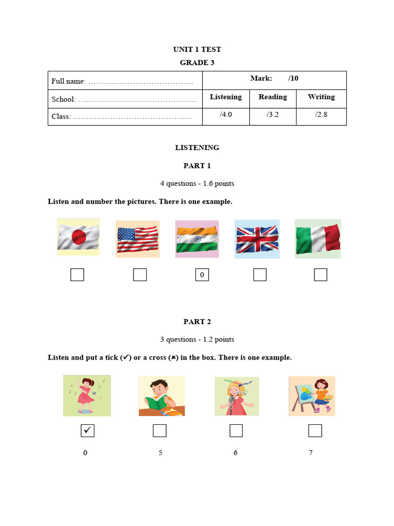 Grade 3 Unit 1 Test: Listening, Reading, Writing | PDF | Linguistics ...