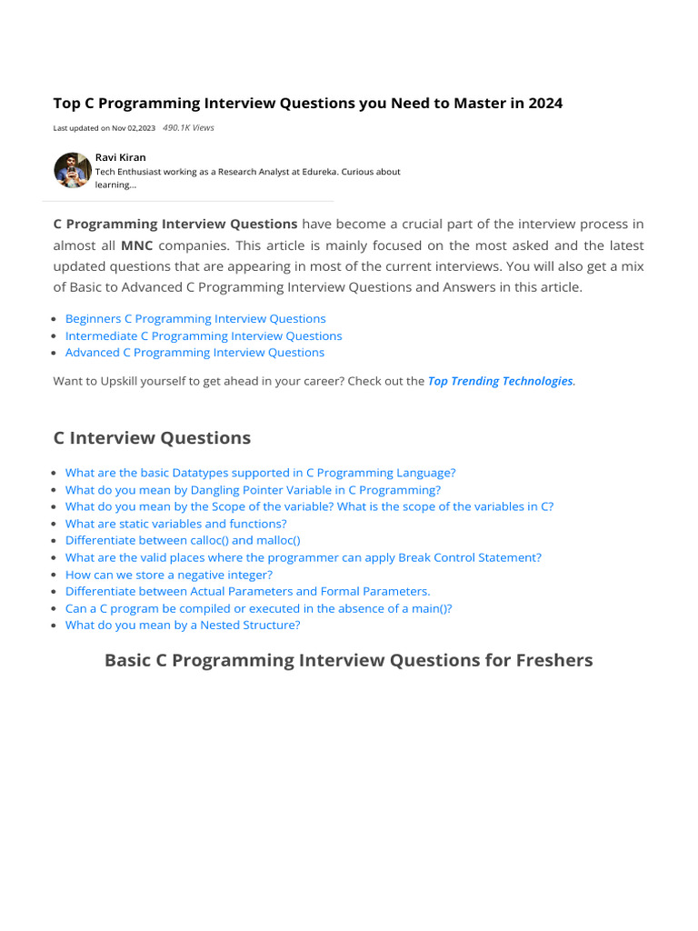 C Interview Prep Guide 2024 | PDF | Pointer (Computer Programming) | Variable (Computer Science)