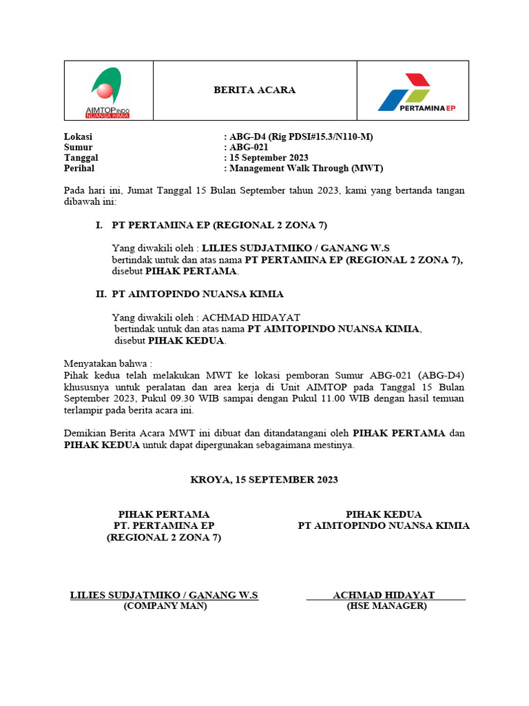 Draft Berita Acara MWT Zona 7, ABG-D4 (ABG-021) | PDF