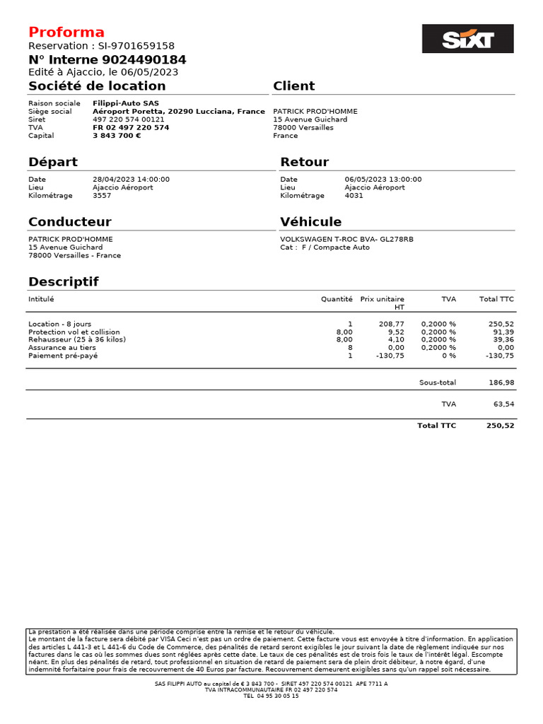 250,52 Sixt Location Vehicule 6 Mai 2023facture N°9024490184 | PDF