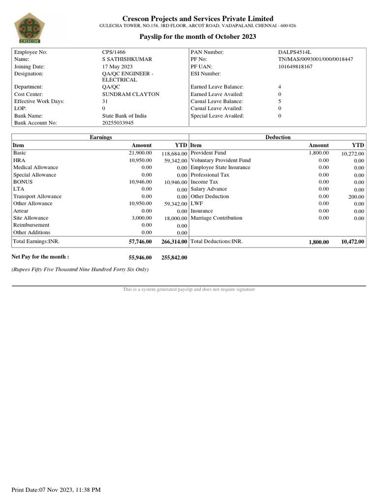 Payslip Oct 2023 PDF | PDF