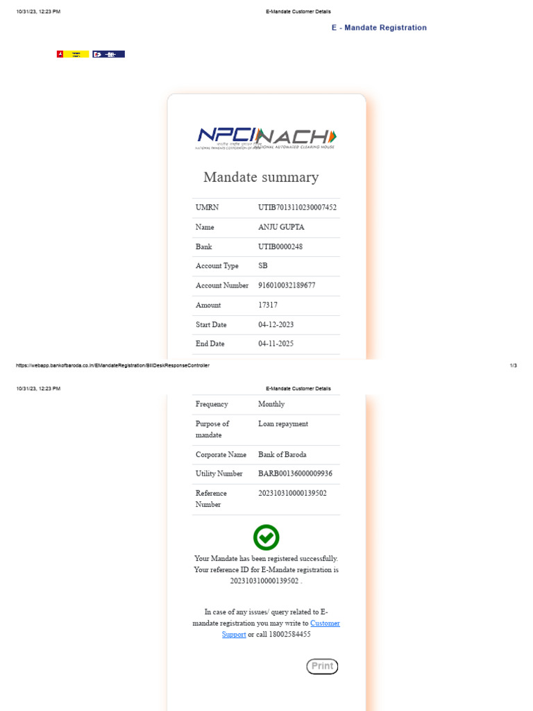 E-Mandate Customer Details | PDF