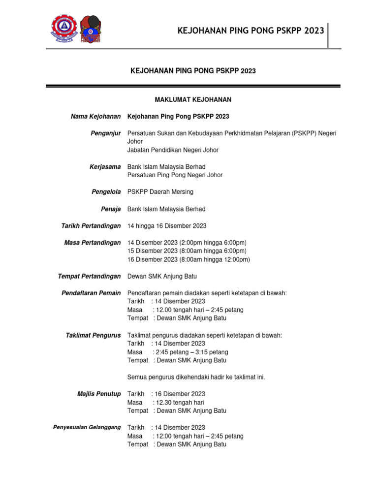 Maklumat Kejohanan Ping Pong PSKPP 2023 | PDF