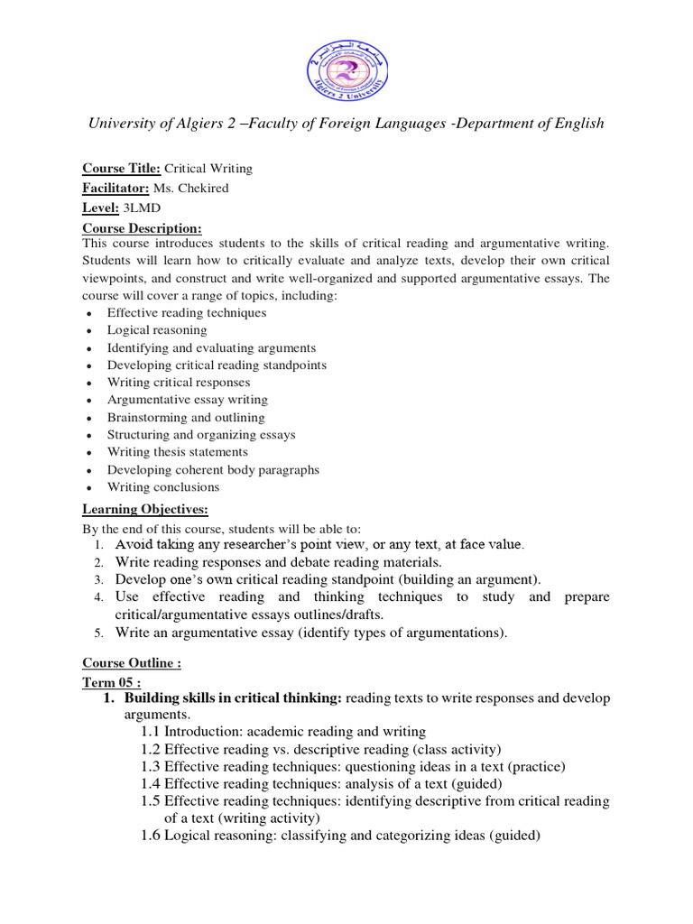 3L6 Critical Writing Syllabus | PDF | Language Arts & Discipline