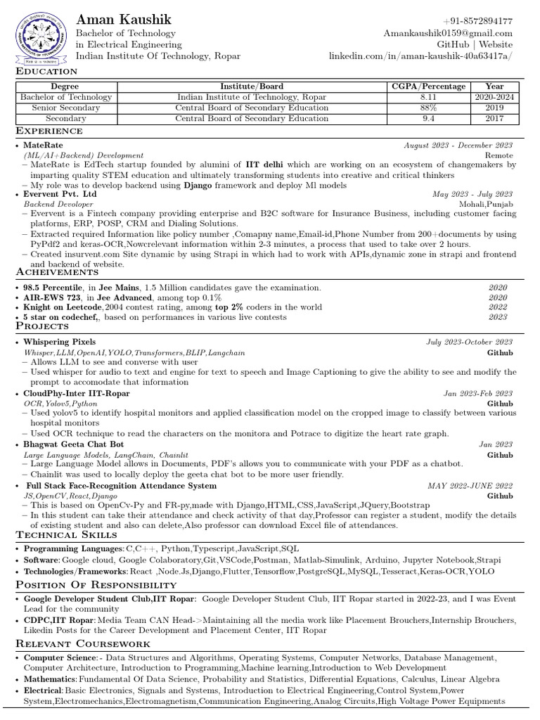 D ResumeAmanKaushik | PDF | Computing | Computer Science
