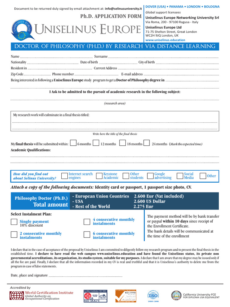 Ph.D. Application Form for Uniselinus | PDF | Doctor Of Philosophy | Thesis