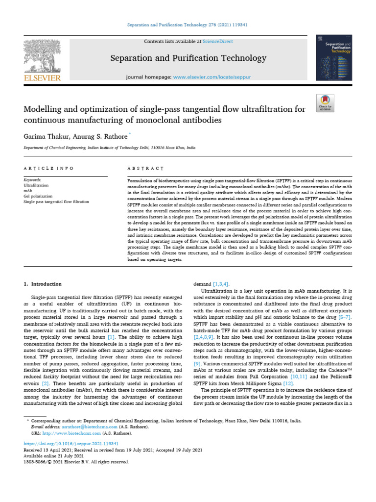 Sep Pur Tech 2021 - Modelling and Optimization of Single-Pass Tangential Flow Ultrafiltration ...