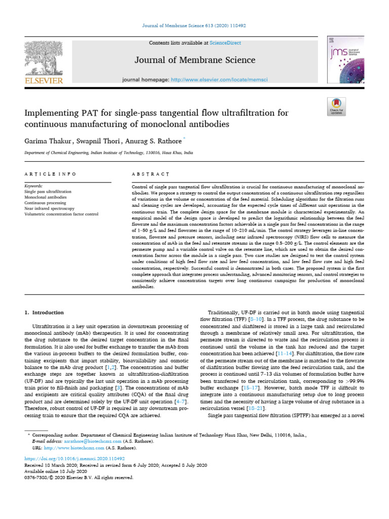 J Mem Sci 2020 - Implementing PAT For Single-Pass Tangential Flow ...