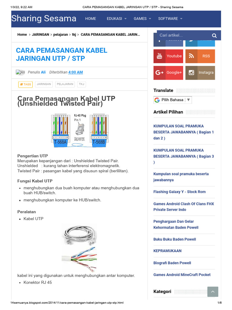 CARA PEMASANGAN KABEL JARINGAN UTP - STP - Sharing Sesama | PDF