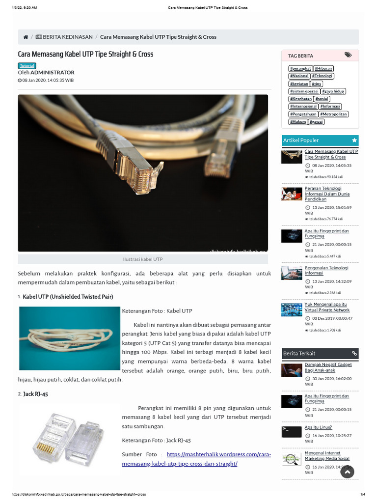 Cara Memasang Kabel UTP Tipe Straight & Cross | PDF