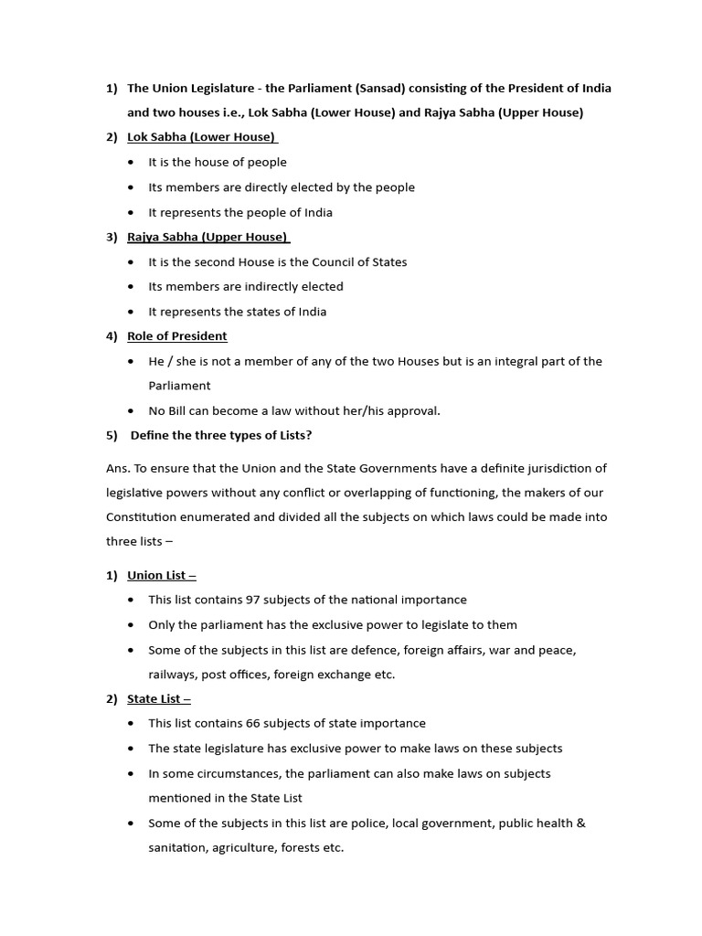 Ashu - The Union Legislature | PDF | Supermajority | Bill (Law)