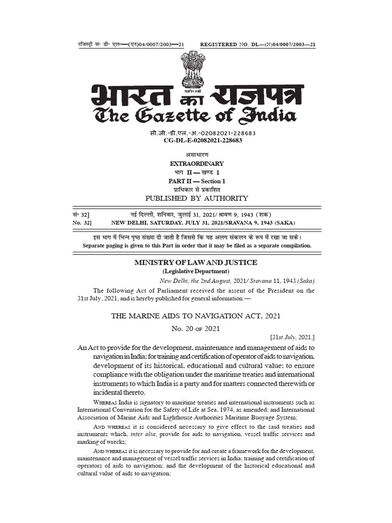 Marine Aids To Navigation Act 2021as Notified | PDF | Expense ...