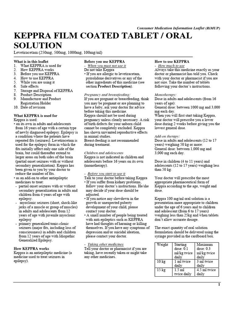 Keppra Tablet Oral Soln PILENG | PDF | Medical Specialties | Clinical Medicine