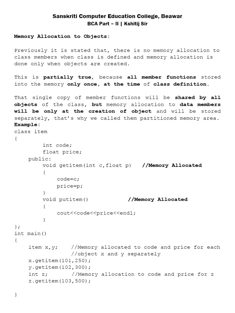 BCA Students: Memory Allocation Basics | PDF | Namespace | Method (Computer Programming)