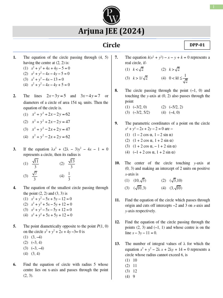 Circle - DPP 01 (Of Lec 02) - Arjuna JEE 2024 | PDF Circle - DPP 01 (Of Lec 02) - Arjuna JEE 2024 | PDF