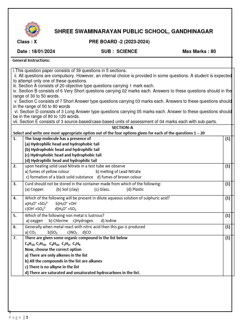 Pre - Board 2 STD 10 Science | PDF