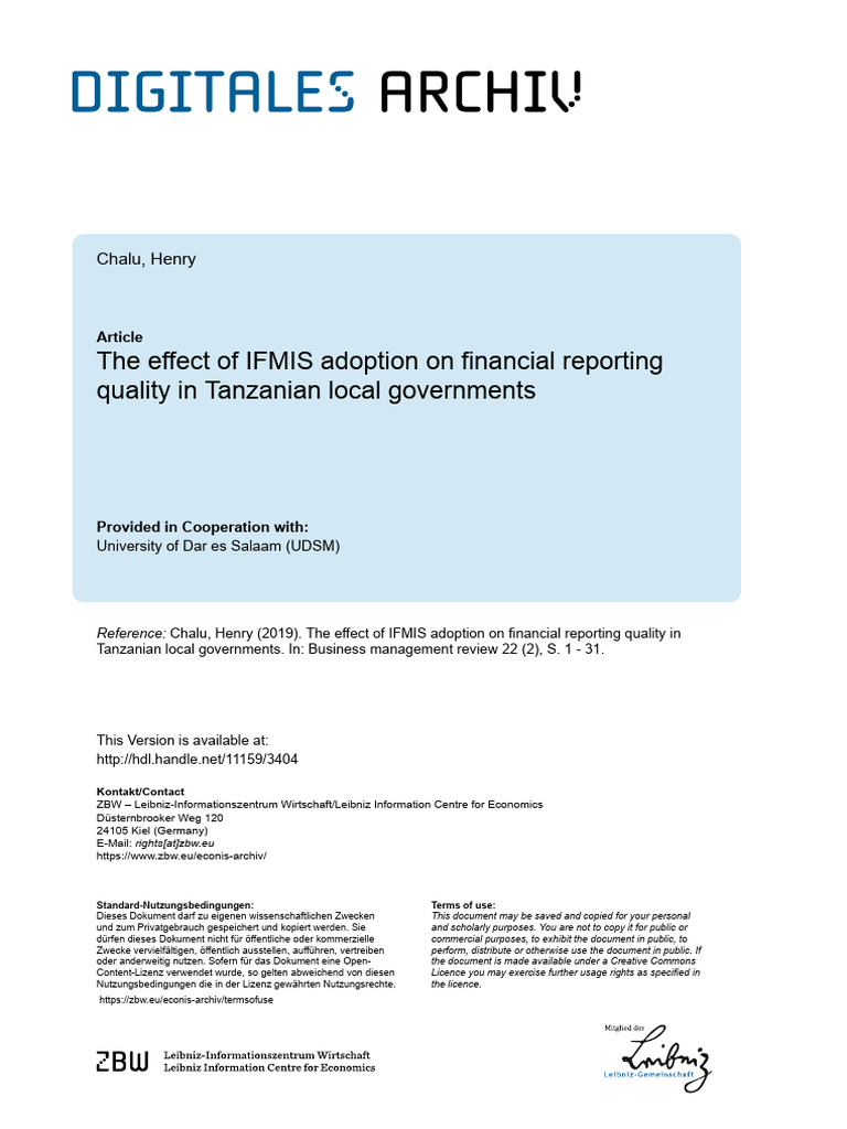 The Effect of IFMIS Adoption On Financial Reporting Quality in Tanzanian Local Governments | PDF