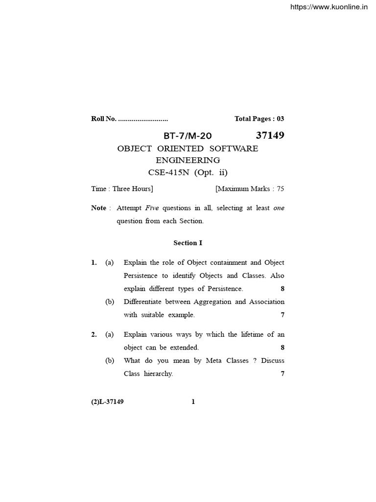 Btech Cse 7 Sem Object Oriented Software Engineering 37149 2020 Pdf Unified Modeling