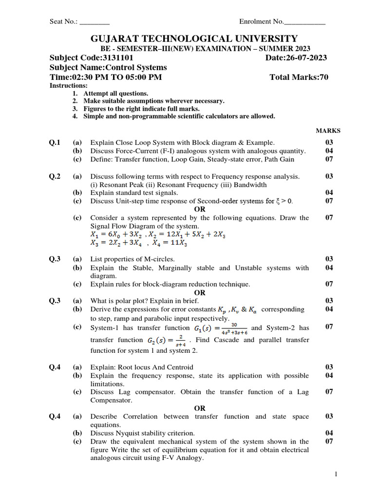 Control Systems Exam Paper - Summer 2023 | PDF | Stability Theory ...