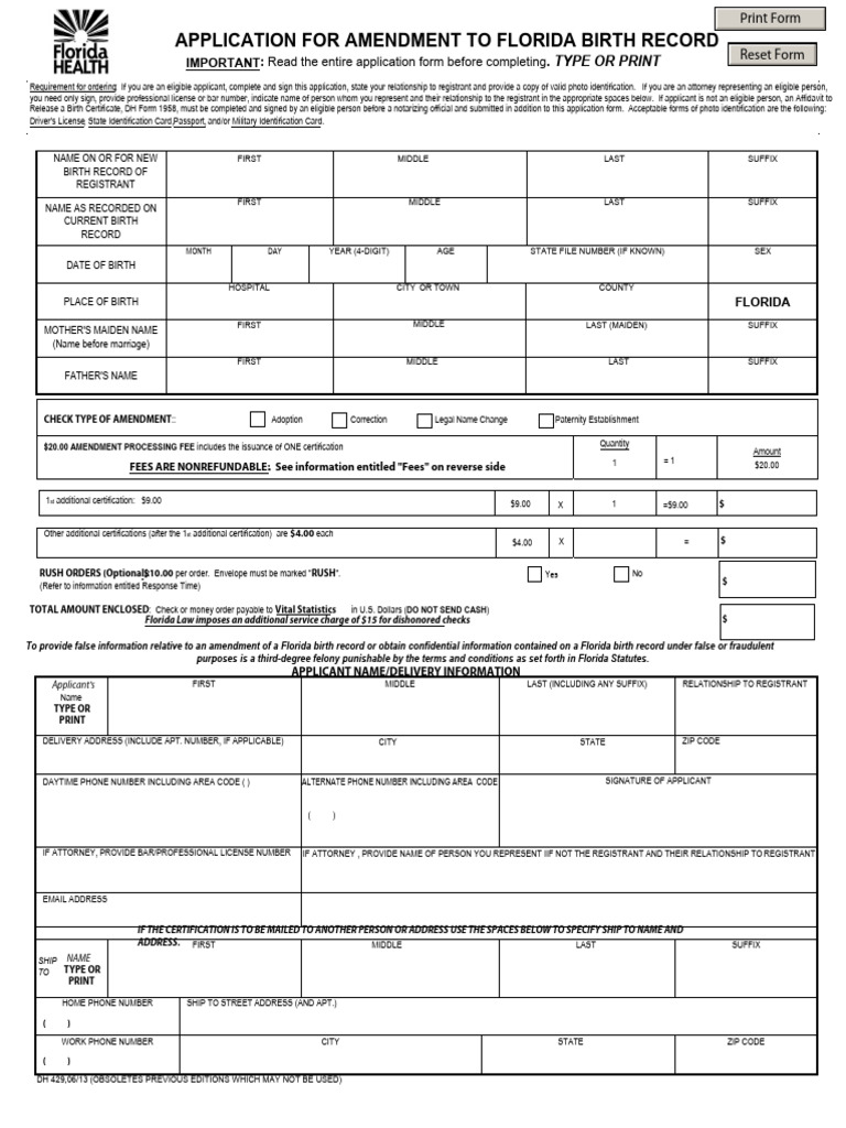 Amendment To Florida Birth Record | PDF | Identity Document | Birth ...