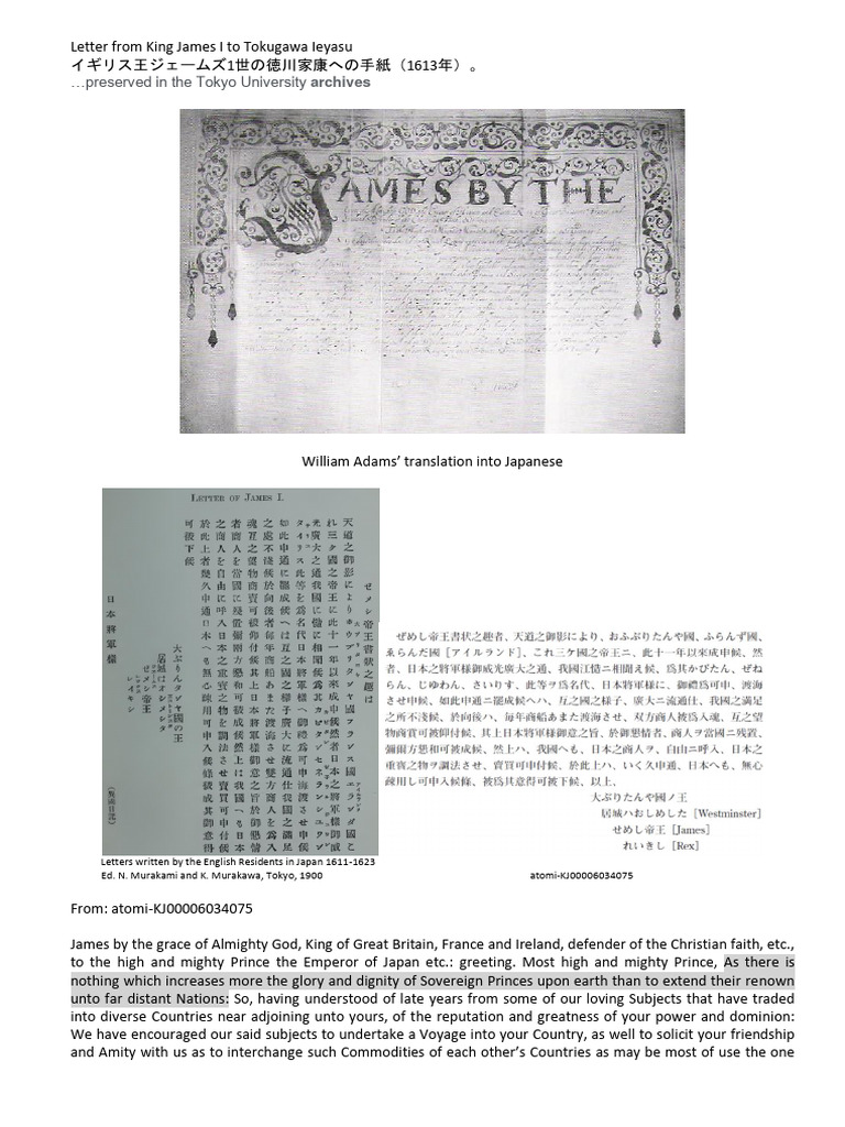 Letter From King James I To Tokugawa Ieyasu in English and William ...