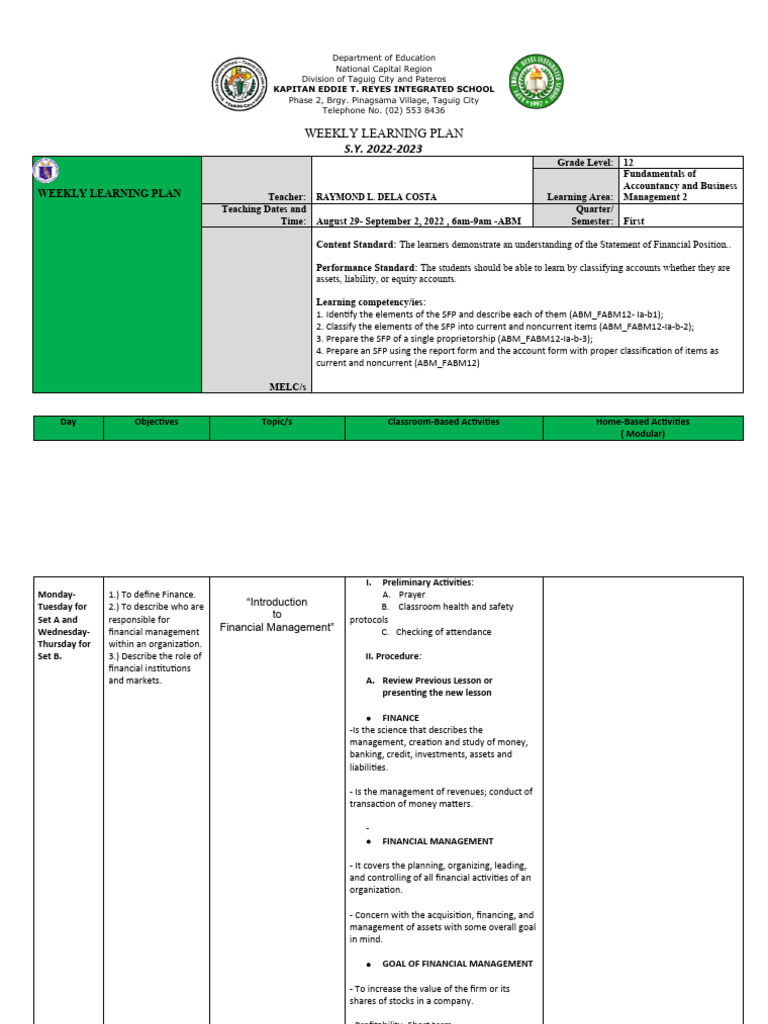 SHS Weekly Learning Plan Week 3 | PDF | Business Economics | Corporations