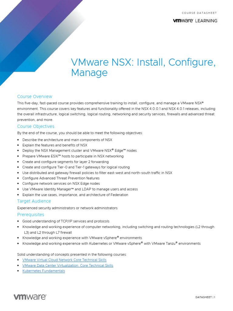 EDU - DATASHEET VMware NSX Install Configure Manage V4.0 | PDF EDU - DATASHEET VMware NSX Install Configure Manage V4.0 | PDF