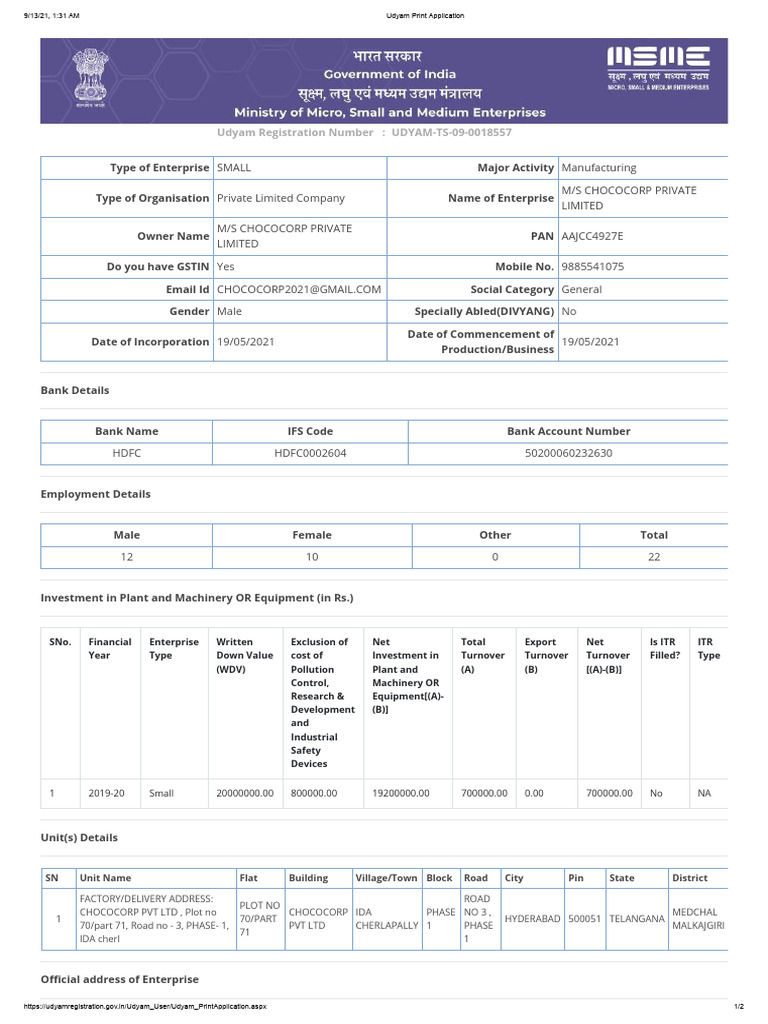Udyam Registration for ChocoCorp | PDF