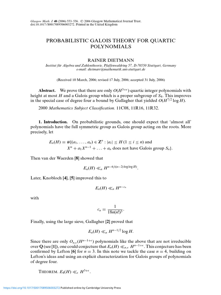 Probabilistic Galois Theory For Quartic | PDF