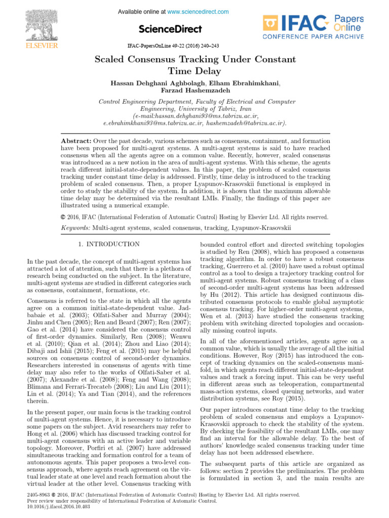 Scaled Consensus Tracking Under Constant Time Delay Pdf Systems Science Systems Theory