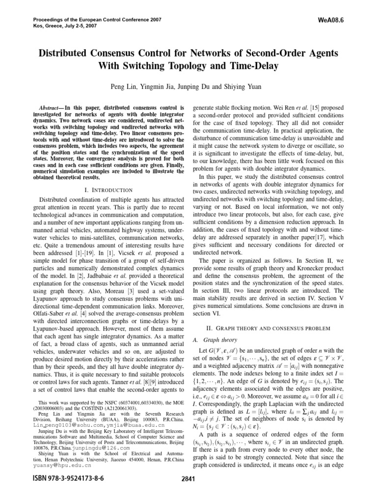 Distributed Consensus Control For Networks Of Second Order Agents Pdf Eigenvalues And