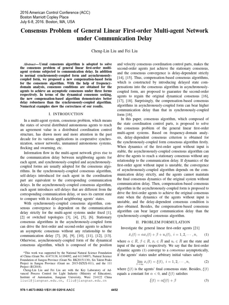 Consensus Problem of General Linear First-Order MA Network Under Communication Delay | PDF ...