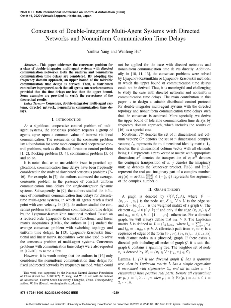 Consensus of Double-Integrator Multi-Agent Systems With Directed | PDF | Eigenvalues And ...