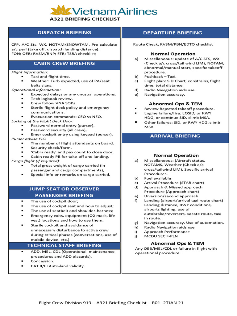 A321 Flight Crew Briefing Checklist | PDF