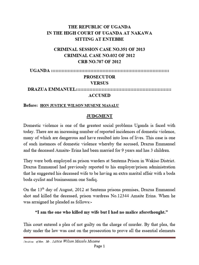 Uganda V Drazua (Criminal Case 32 of 2012) 2014 UGHCCRD 9 (15 January ...