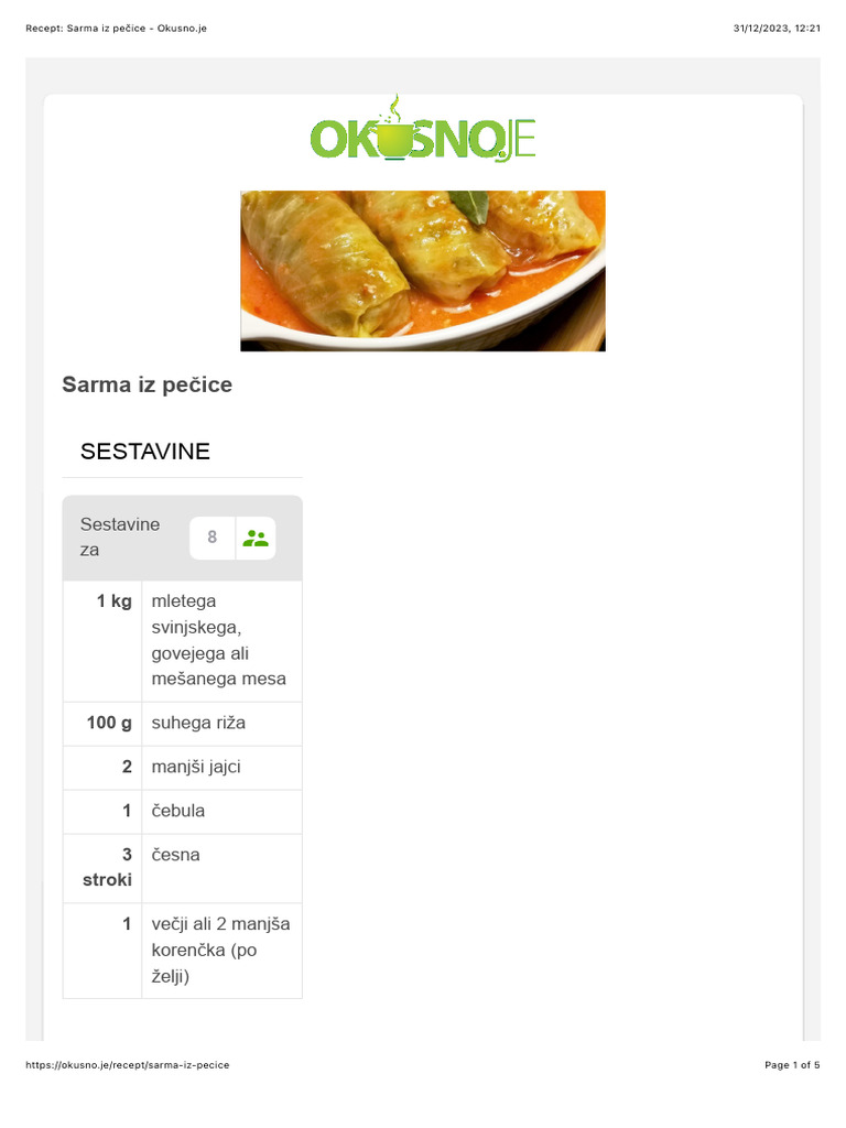 Sestavine: Sarma Iz Pečice | PDF