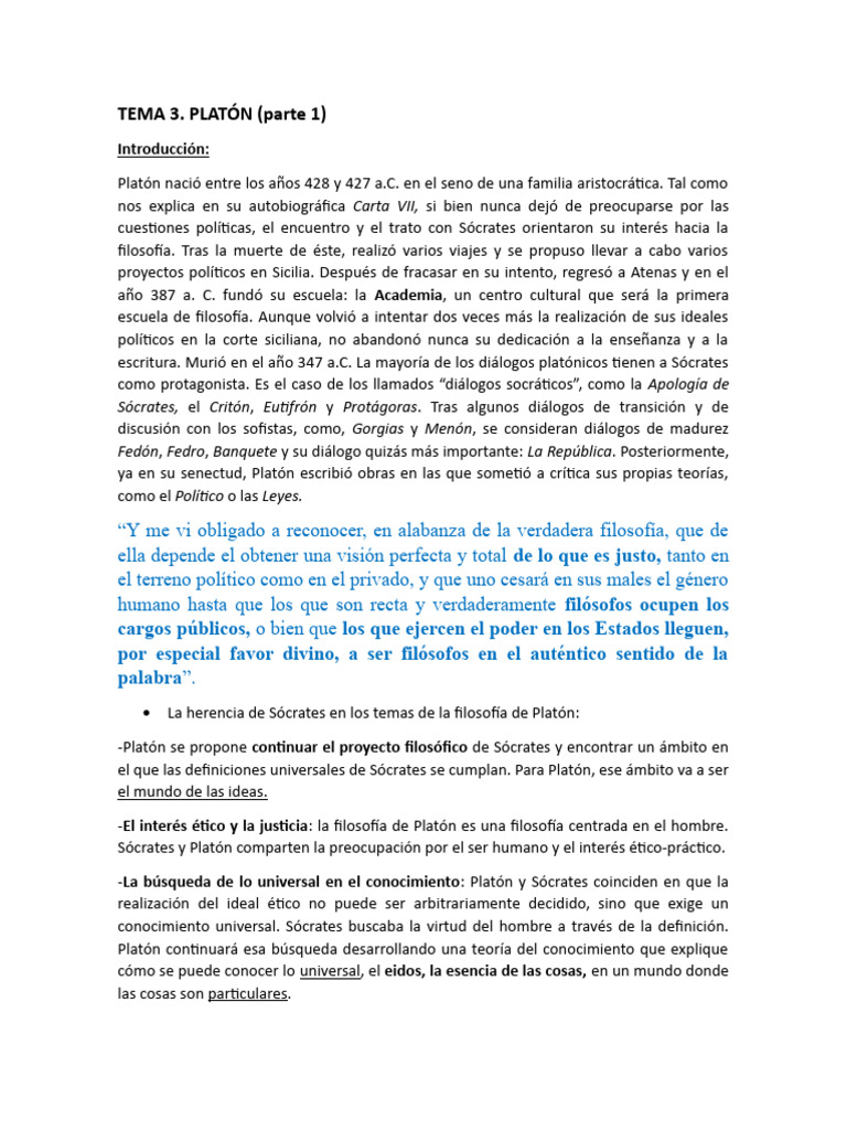 Tema 3. Platón | PDF | Platón | Conocimiento