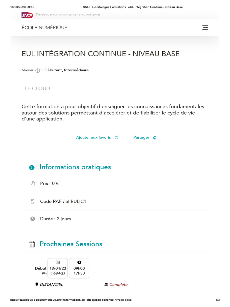 SNCF E-Catalogue Formations - eUL Intégration Continue - Niveau Base | PDF | Affaires | Ordinateurs