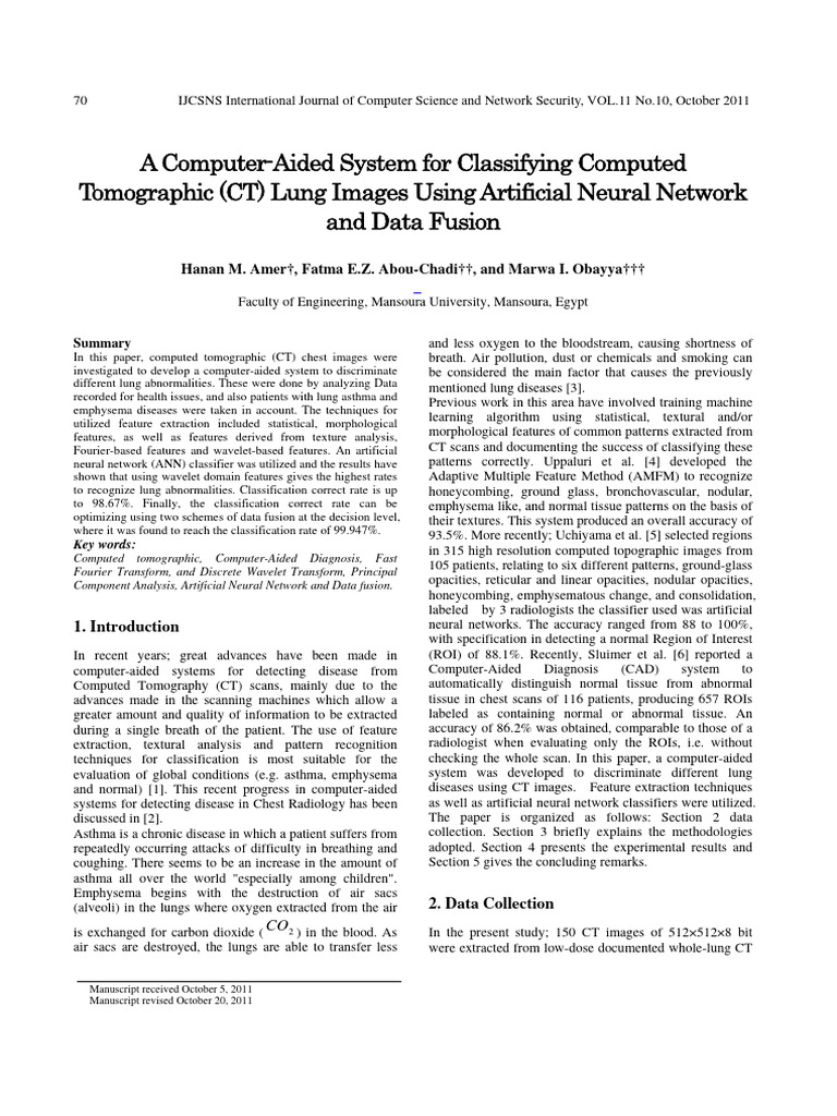 A Computer-Aided System For Classifying Computed Tomographic (CT) Lung Images Using Artificial ...