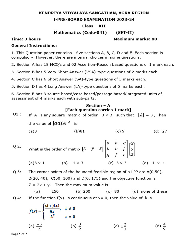 QP Maths Preboard 1 SET-2 | PDF | Mathematical Physics | Linear Algebra