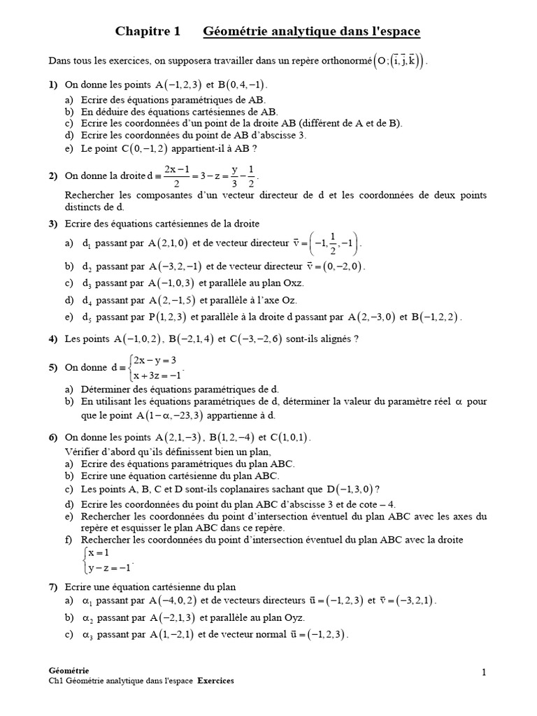 Exercices de géométrie analytique | PDF
