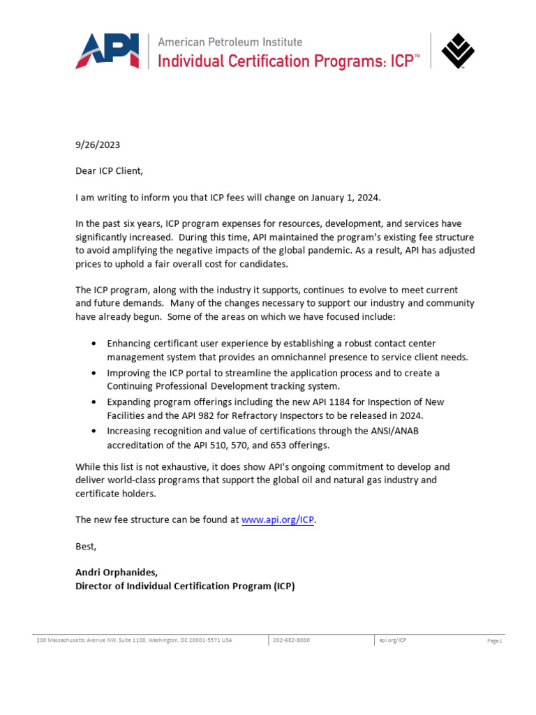 ICP Fee Change Letter | PDF