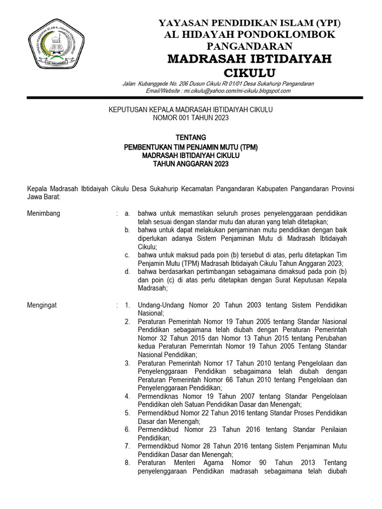 SK Tim Penjaminan Mutu (TPM) Madrasah Tahun 2023 | PDF
