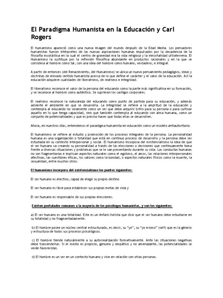 El Paradigma Humanista En La Educación Y Carl Rogers Pdf Humanismo