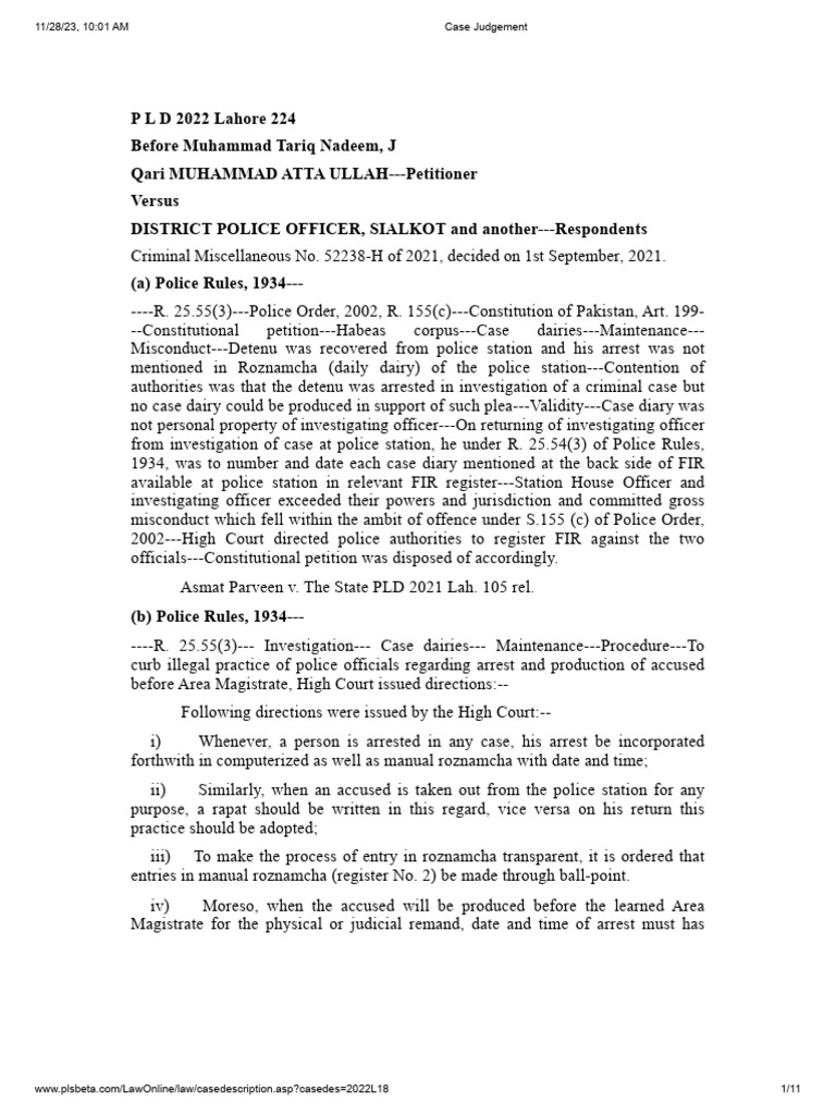 PLD 2022 Lahore 224pdf | PDF | Police | Arrest