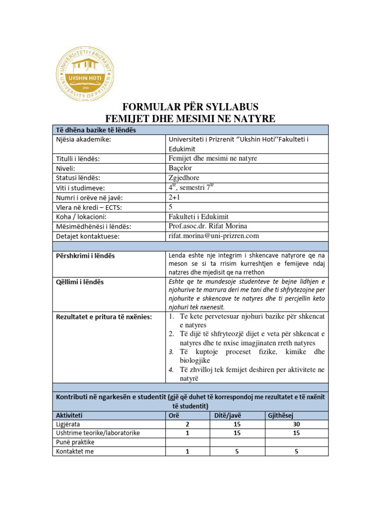 Syllabus Femijet Dhe Mesimi Ne Natyre Fillor SHQ 824674 | PDF