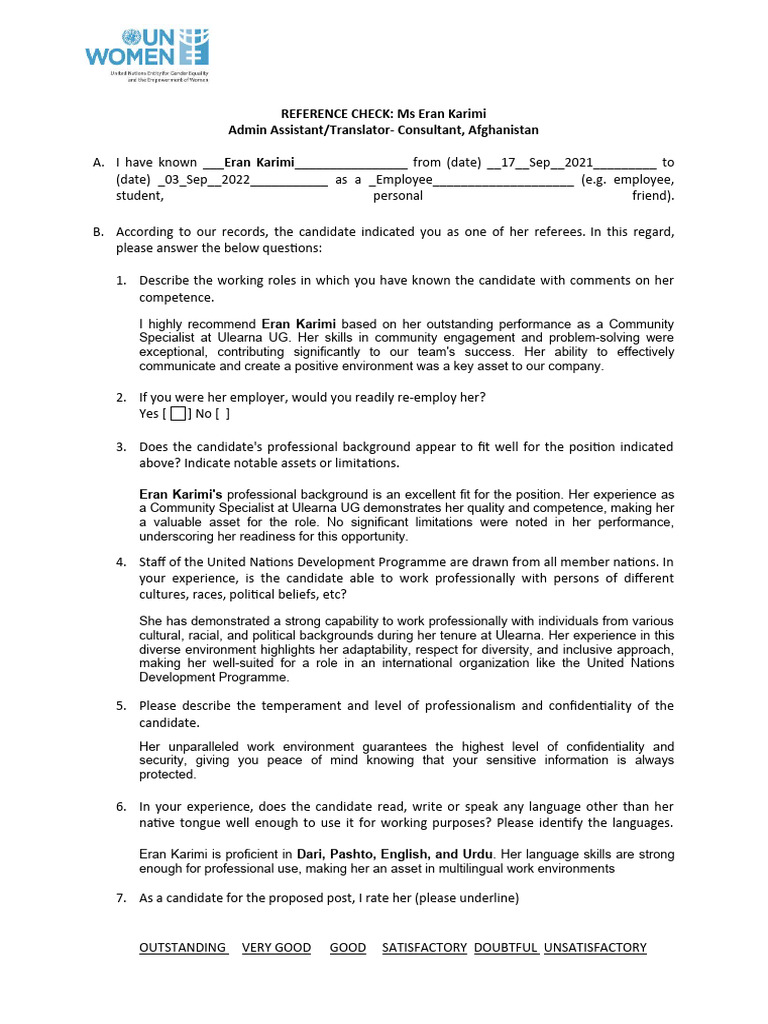UN Women - Reference Check Form | PDF