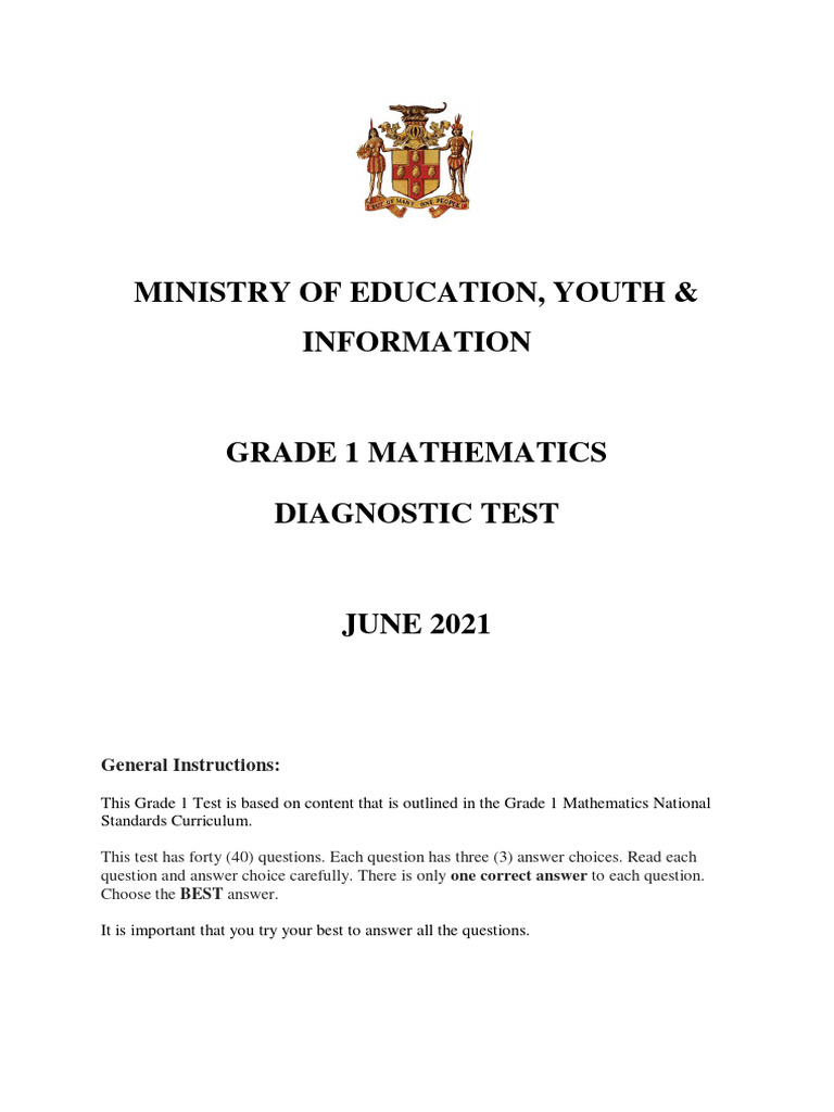 Grade 1 Mathematics Diagnostic Test Form 2021 | PDF