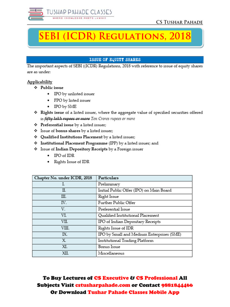 SEBI ICDR Regulations 2018 Overview | PDF | Finance & Money Management