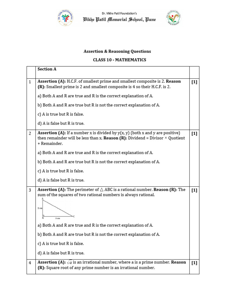 Revision Assertion & Reason - STD 10 | PDF | Sphere | Polynomial